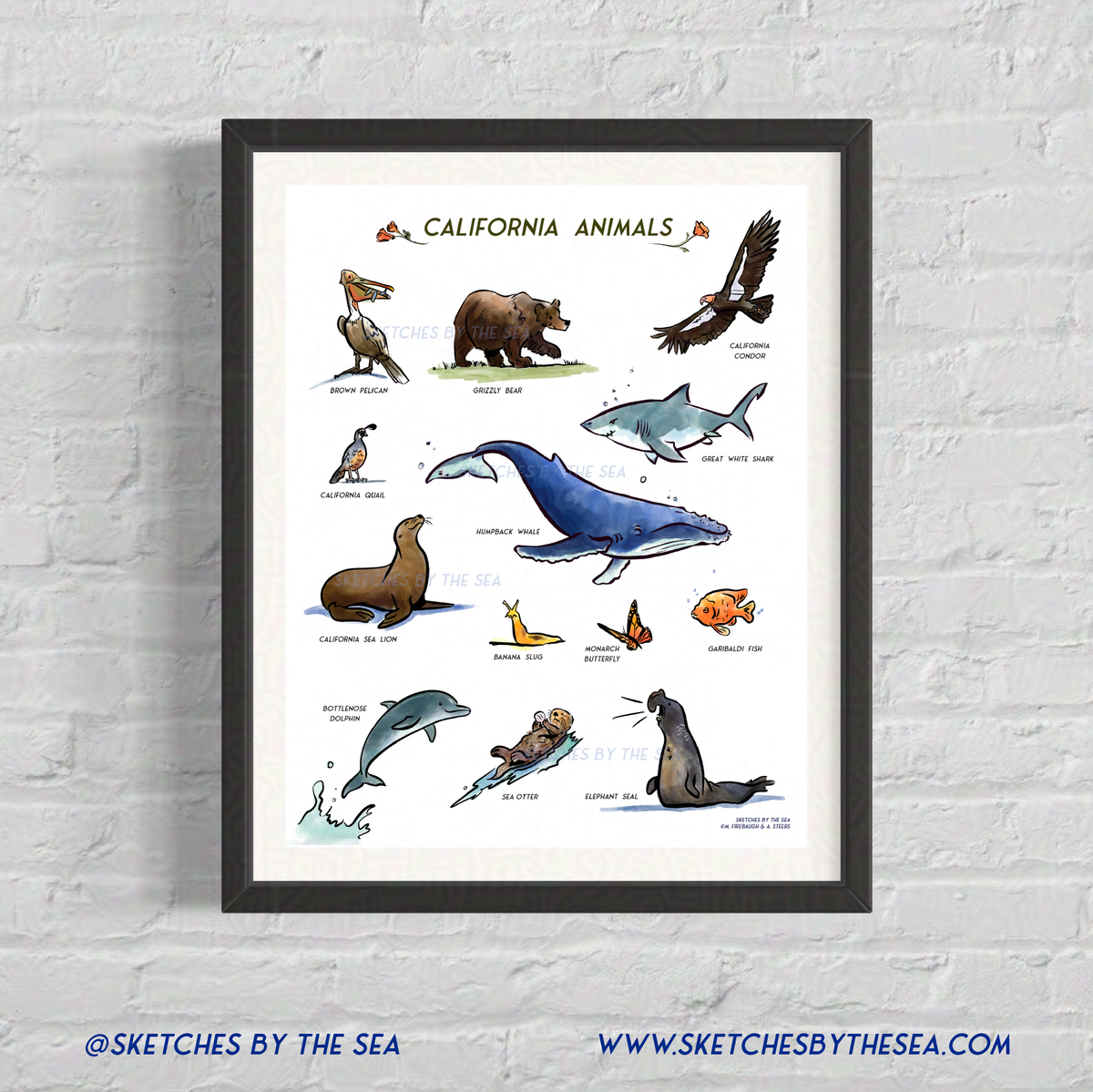 California Animals Poster, Whimsical Wall Art – Sketches By The Sea